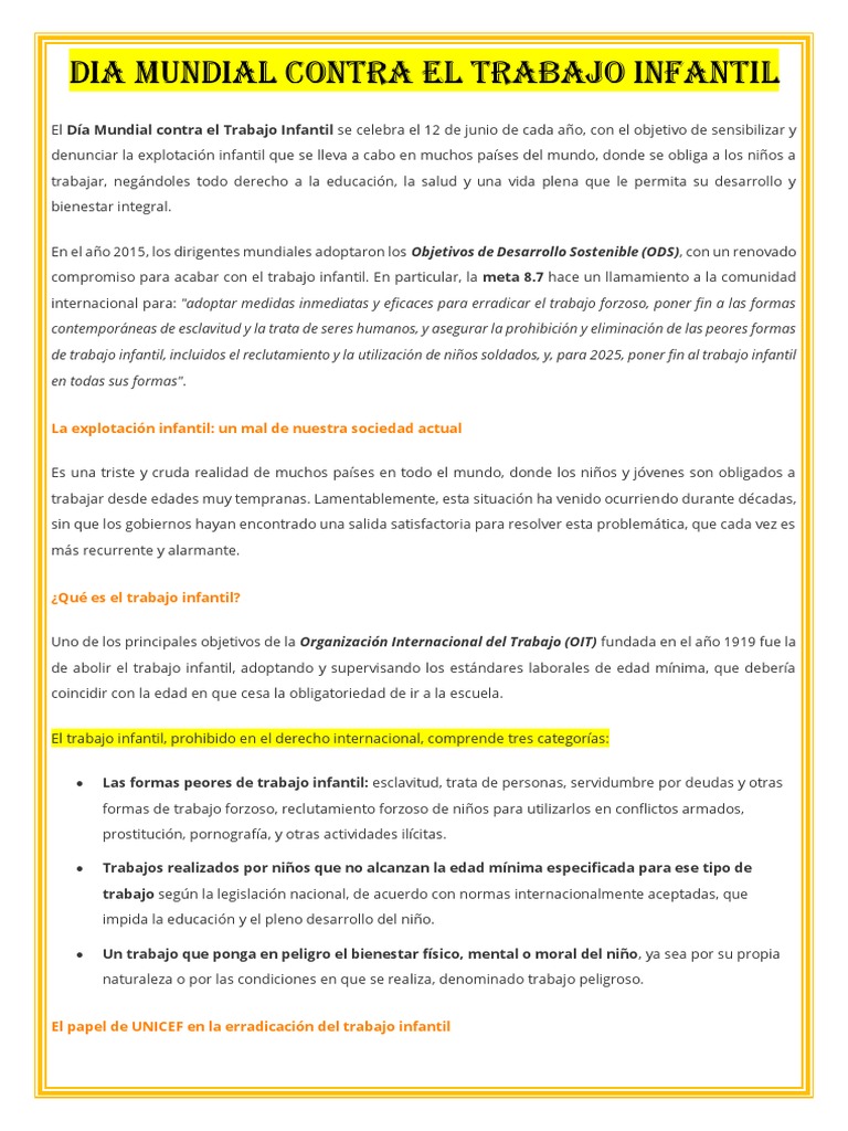 Día Mundial contra el Trabajo Infantil | PDF | Trabajo infantil | Trata ...