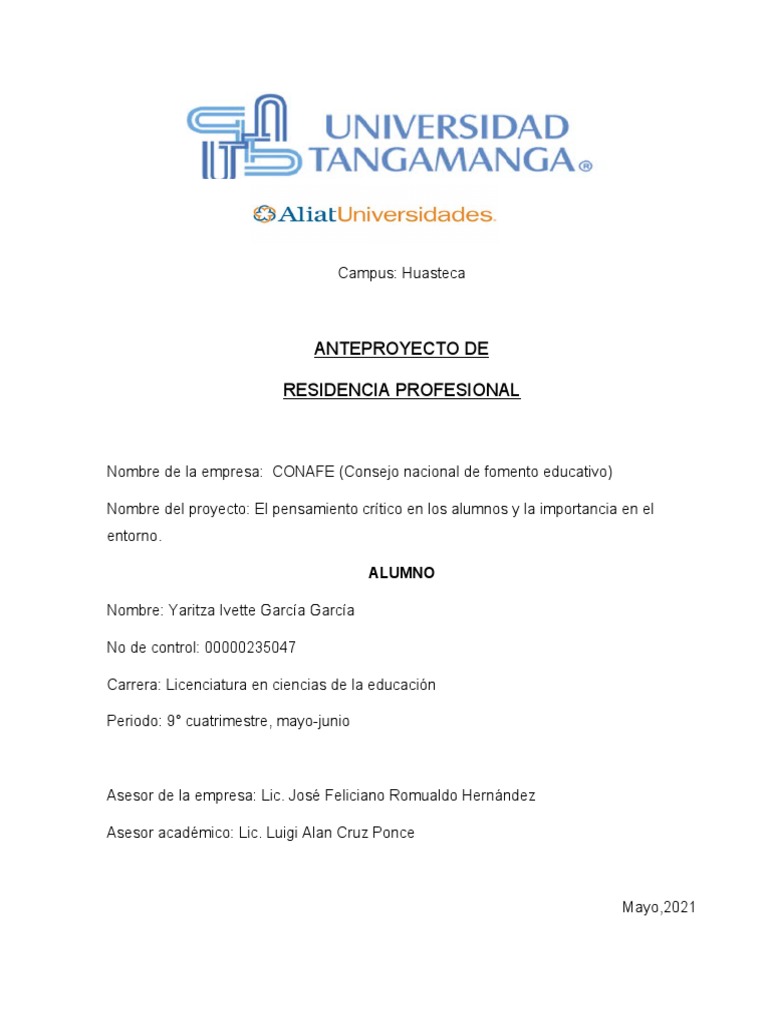 Anteproyecto de Residencia Profesional | PDF | Pensamiento crítico | Educación de la primera ...