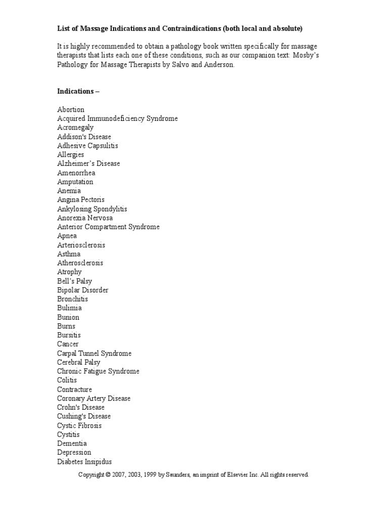 List of Massage Indications and Contraindications (Both Local and ...