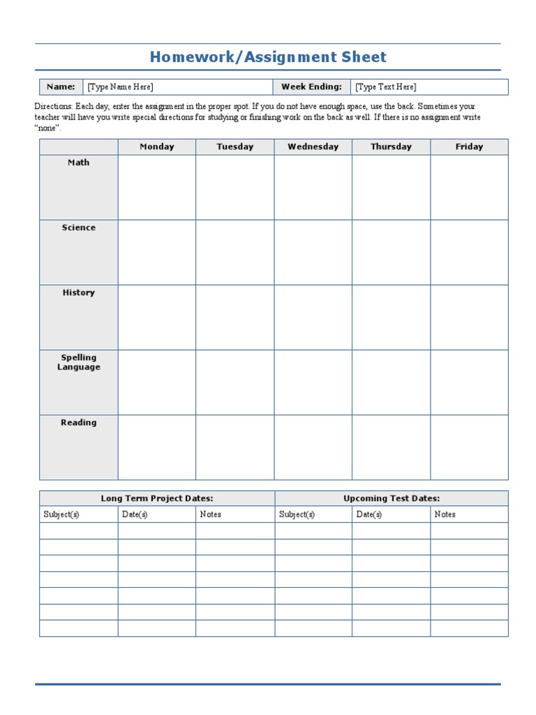 Weekly Assignment Sheet | PDF