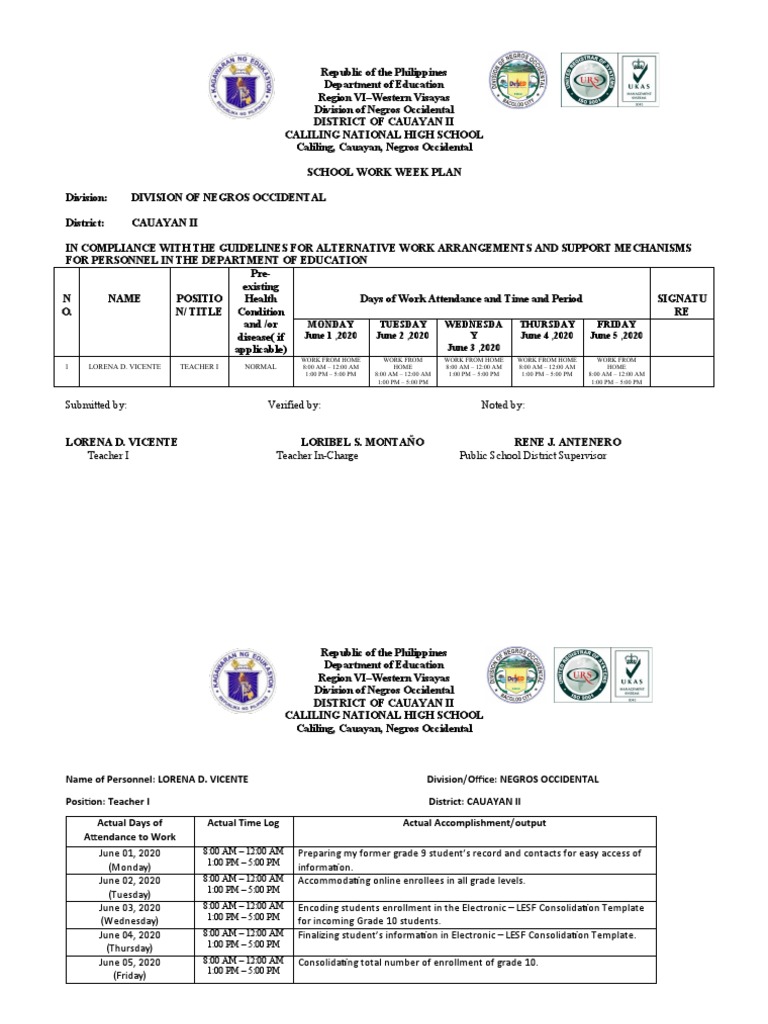 School Work Week Plan Old Template June | PDF | Business | Wellness