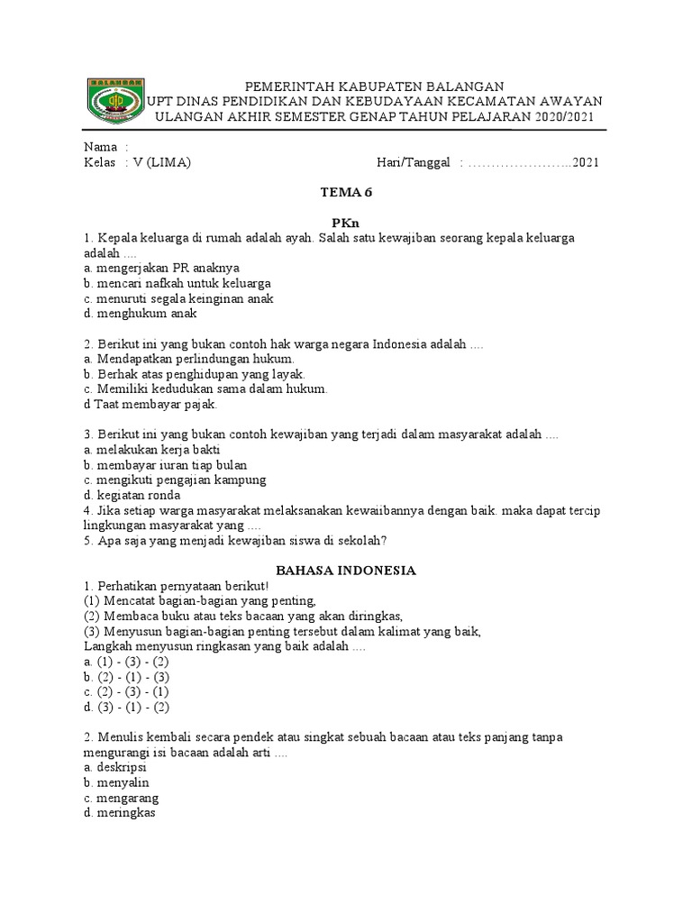 Soal Uas KLS 5 SMT 2 | PDF | Seni