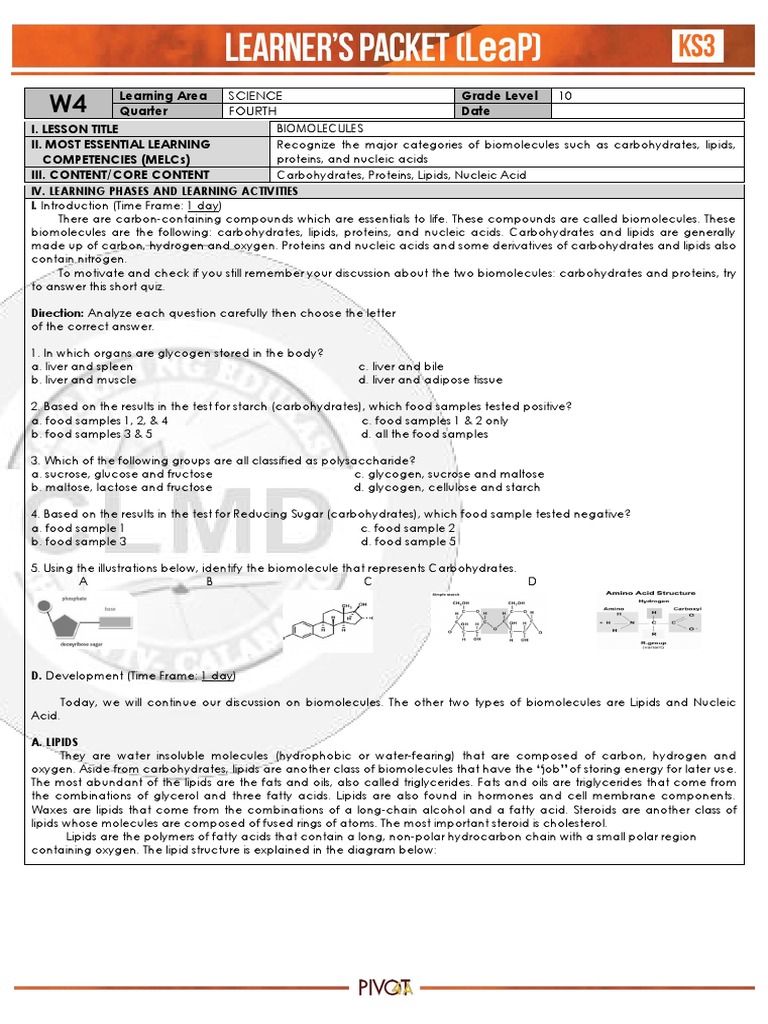 Biomolecules Grade 10 Science | PDF | Lipid | Biomolecules