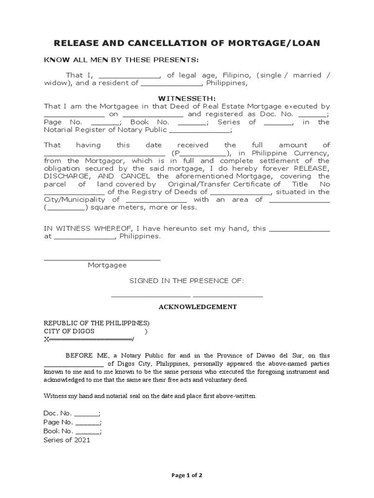 RELEASE AND CANCELLATION OF Mortgage | PDF