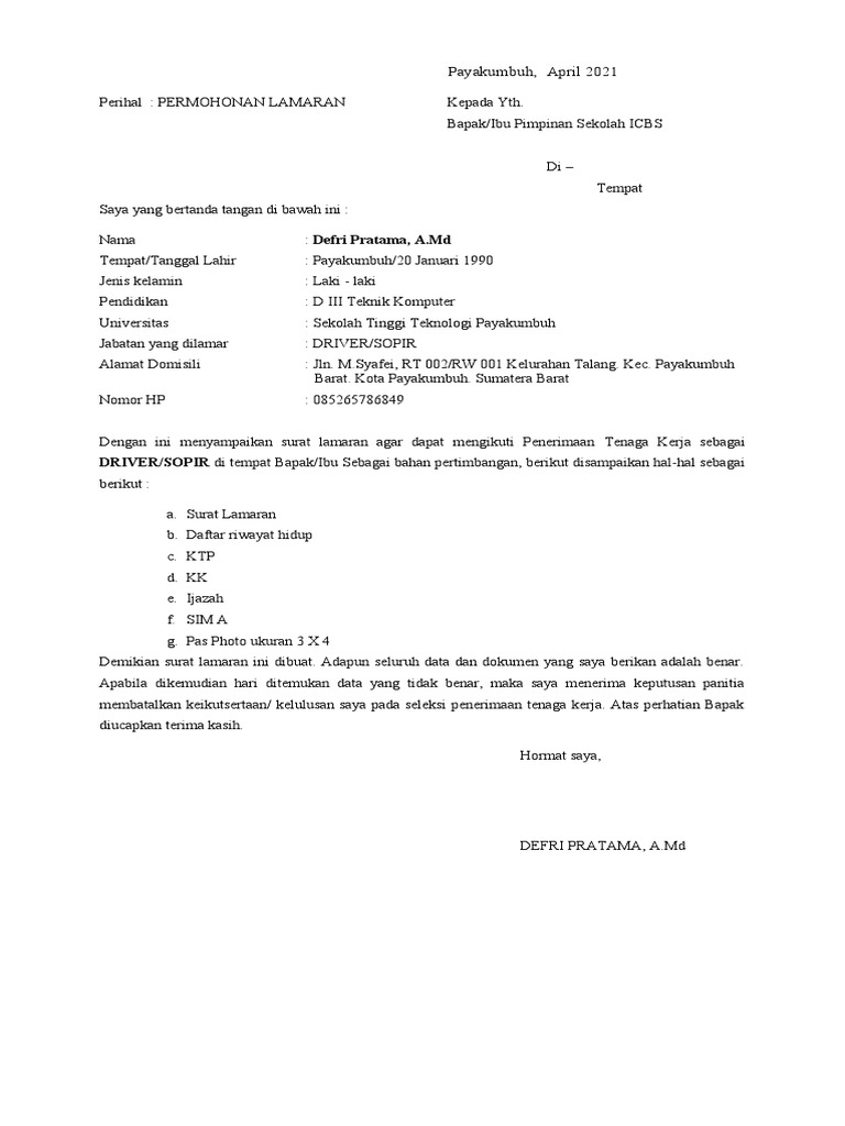Surat Lamaran Kerja Driver Payakumbuh | PDF