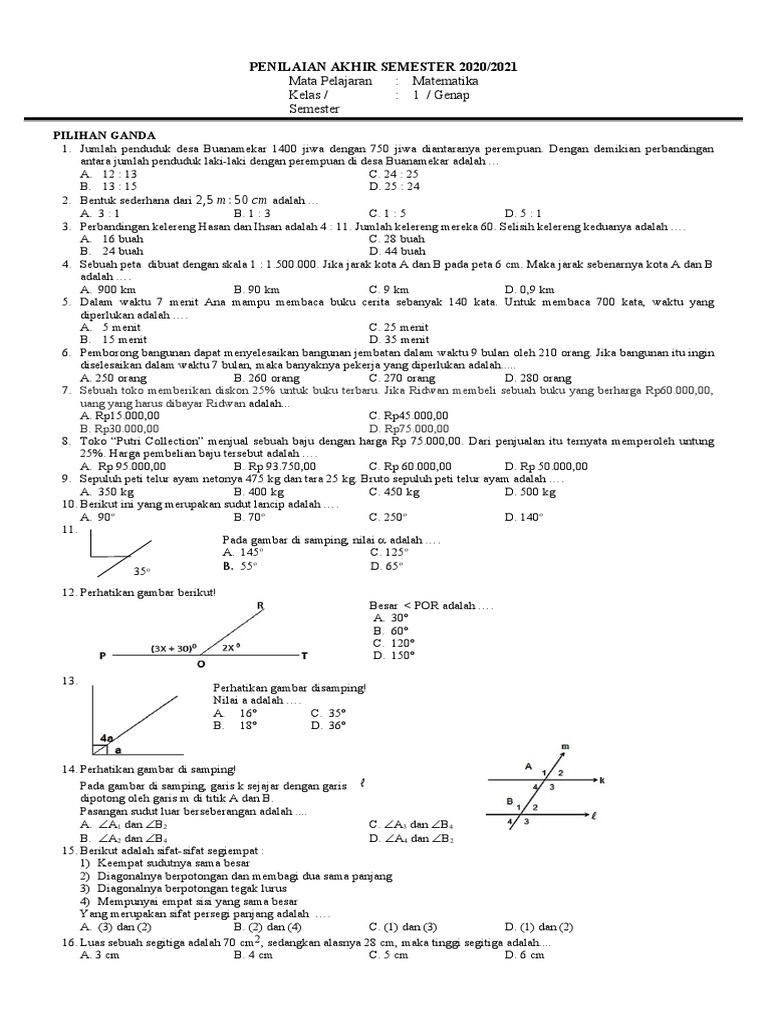 PAS MTK Kelas 1 SMST Genap | PDF