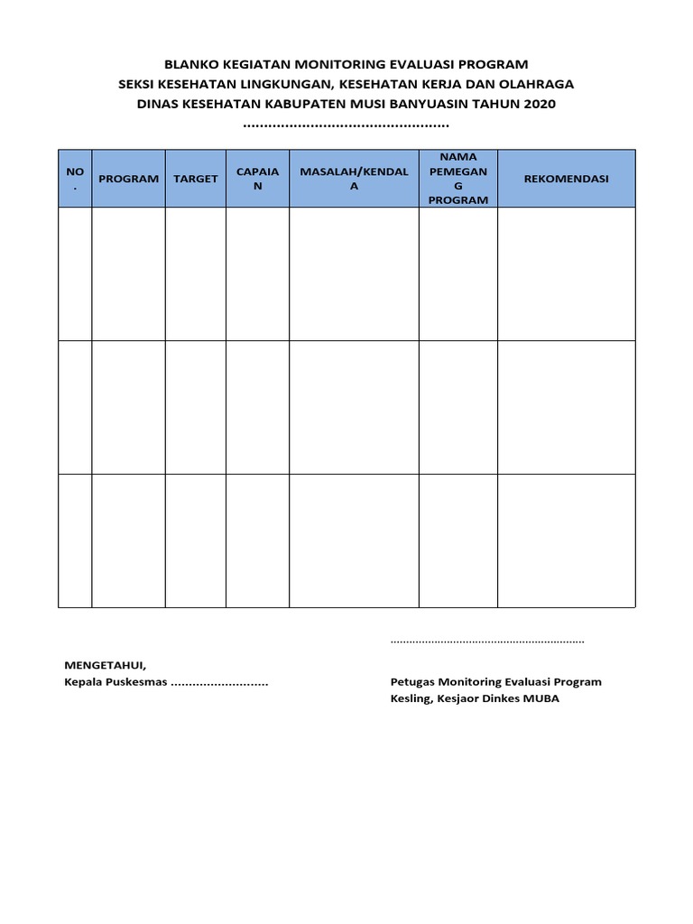 Blanko Kegiatan Monitoring Evaluasi Program | PDF