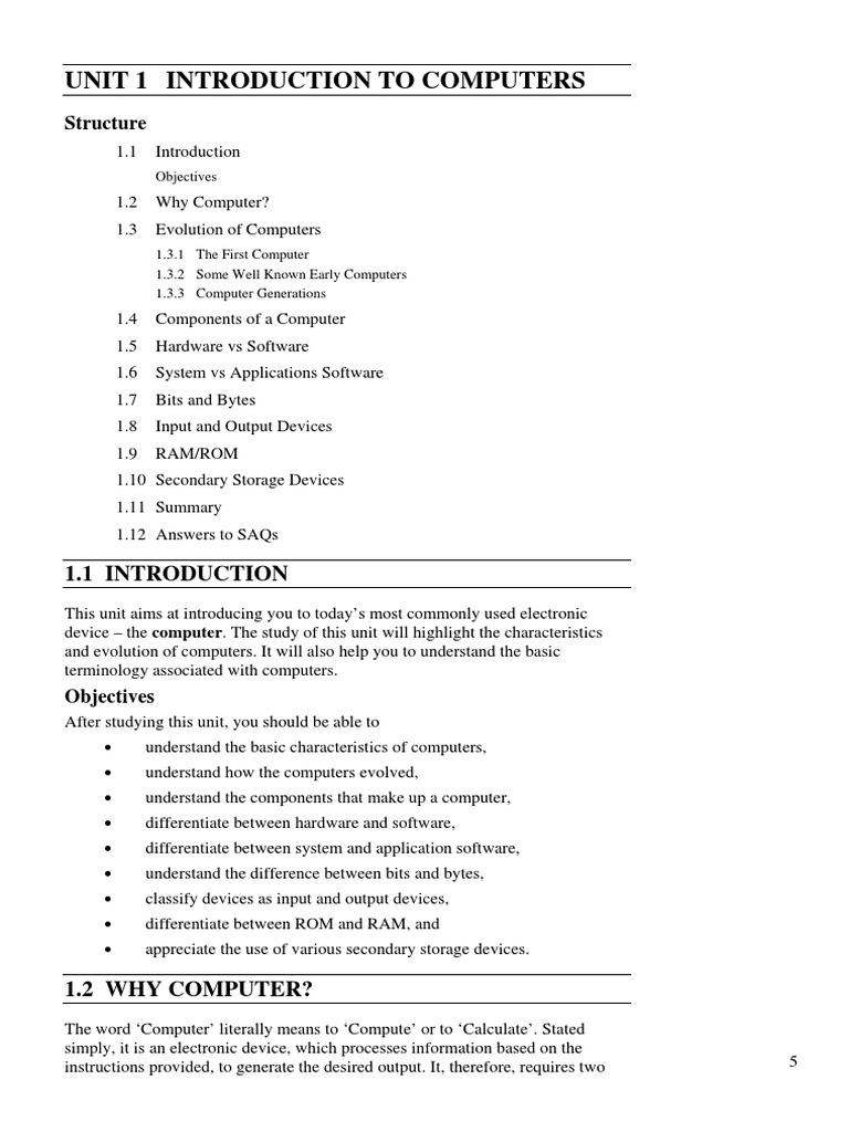 Unit 1 Introduction To Computers: Structure | PDF | Read Only Memory ...