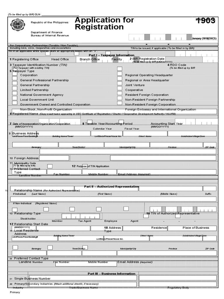 Application For Registration: Republic of The Philippines BIR Form No ...