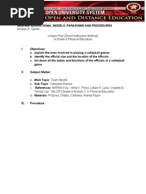 Detailed Lesson Plan In Grade 8 Mapeh Referee Volleyball The Court