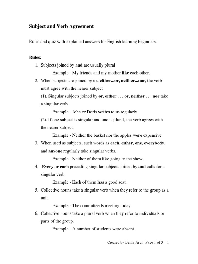 Subject and Verb Agreement Worksheet | PDF | Grammatical Number | Plural