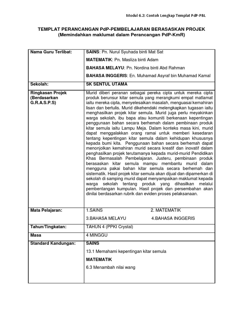 Submodul 6.2 Contoh Perancangan PDP - PBL SK Sentul | PDF