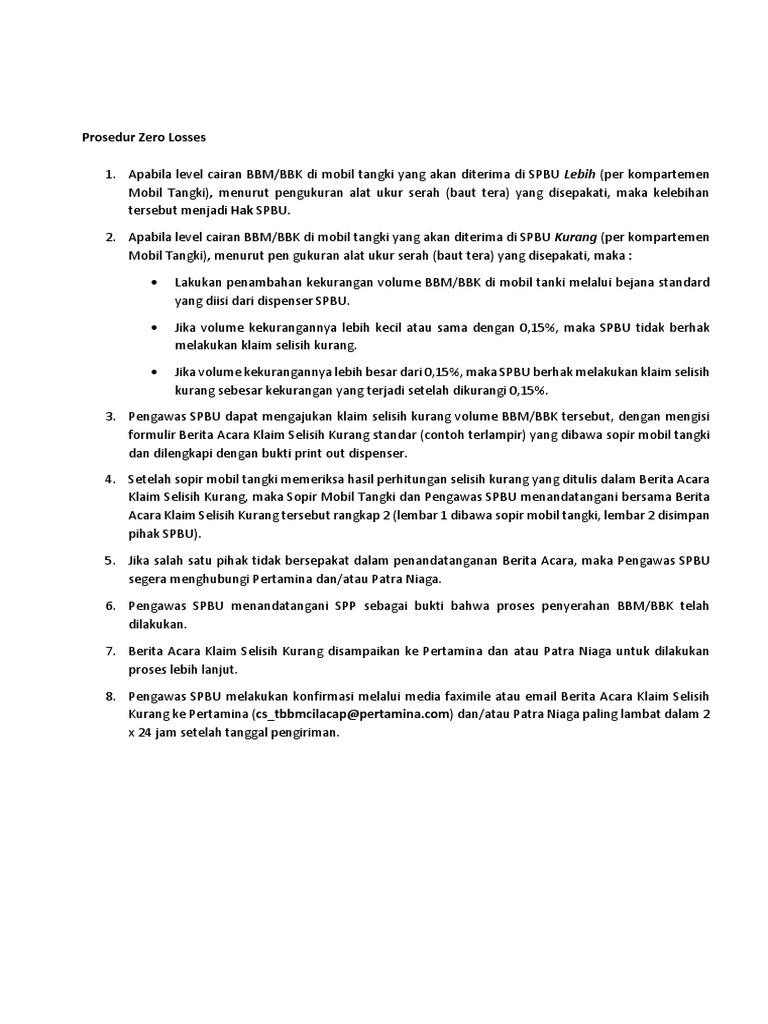 Prosedur Zero Losses SPBU | PDF