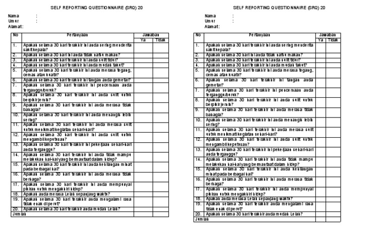 Self Reporting Questionnaire (SRQ 20) | PDF | Seni & Disiplin Bahasa | Pengembangan Diri