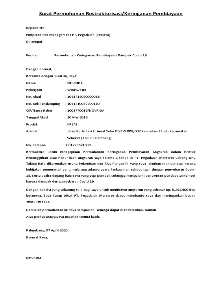Surat Permohonan Restrukturisasi | PDF