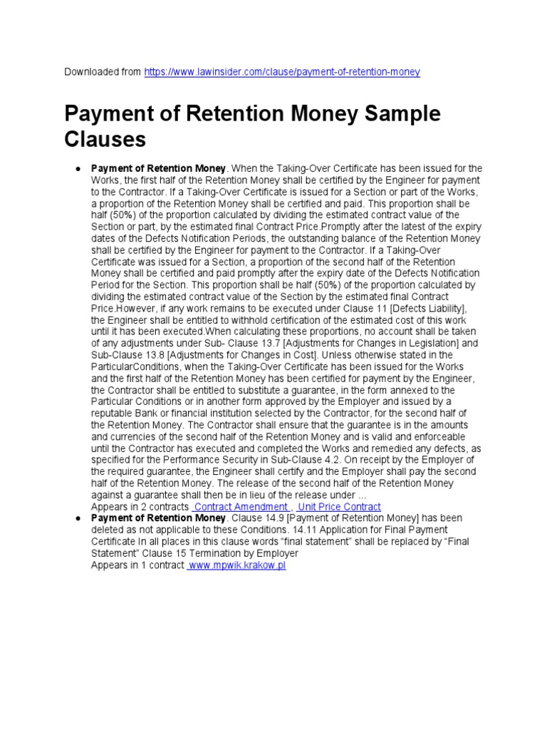 Law Insider Payment of Retention Money Clause | PDF | Guarantee | Money