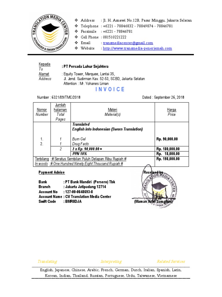 Invoice for Translation Services | PDF