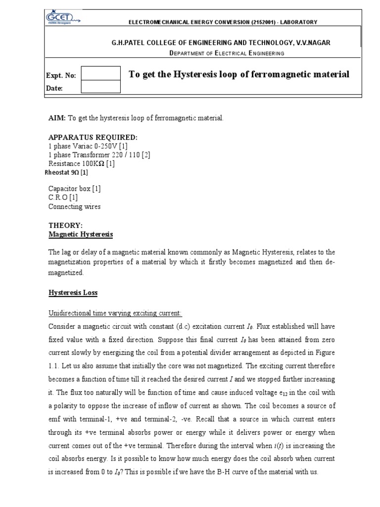 Hysteresis Loop Experiment for Ferromagnetic Materials | PDF ...