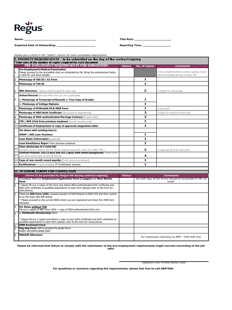 Regus Pre-Employment Requirements Lis | PDF | Birth Certificate | Government