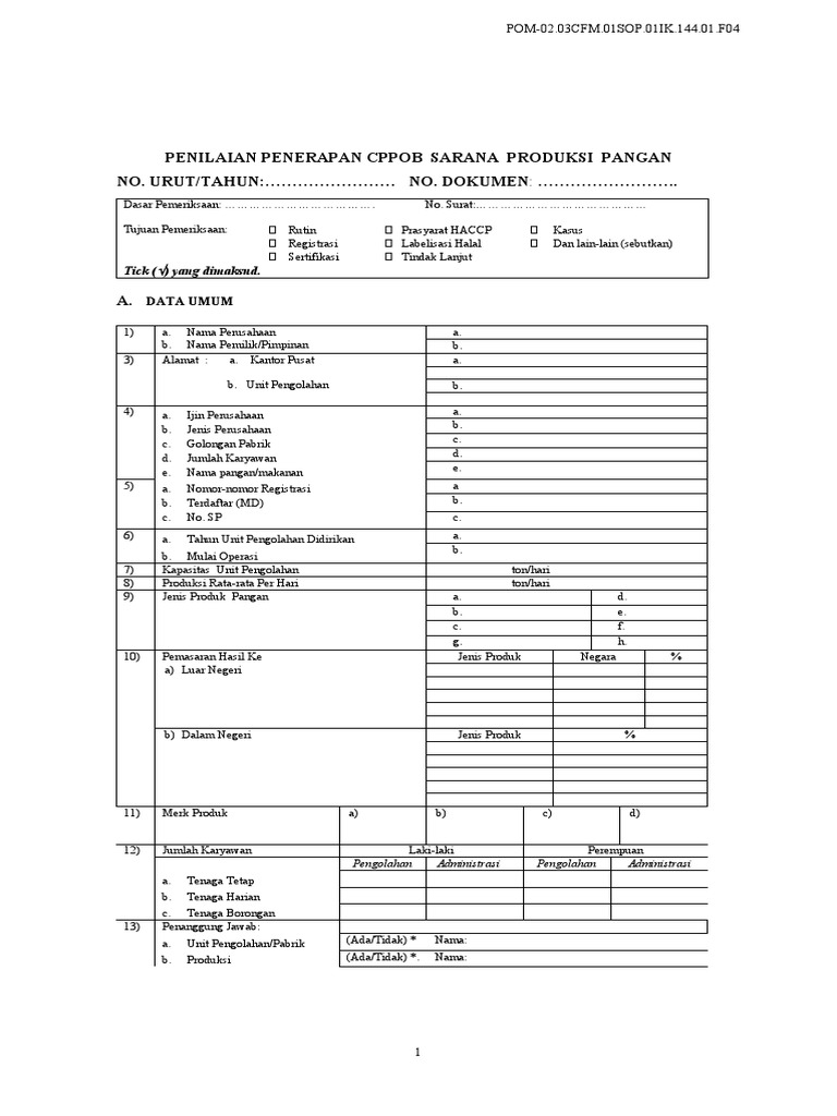 Form Self Assessment (Penilaian Penerapan CPPOB Sarana Produksi Pangan) | PDF