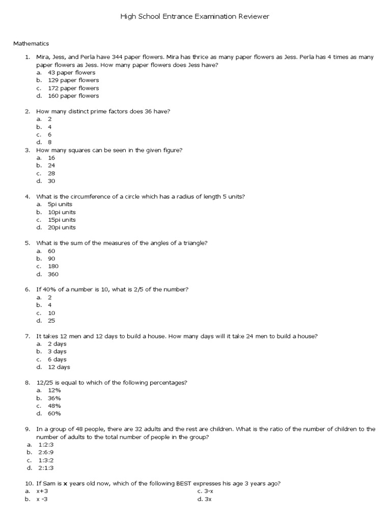 High School Entrance Examination Reviewer | PDF | Circle | Nature