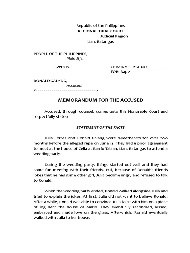 Trial Memorandum: Ronald Galang Case | PDF | Criminal Procedure ...