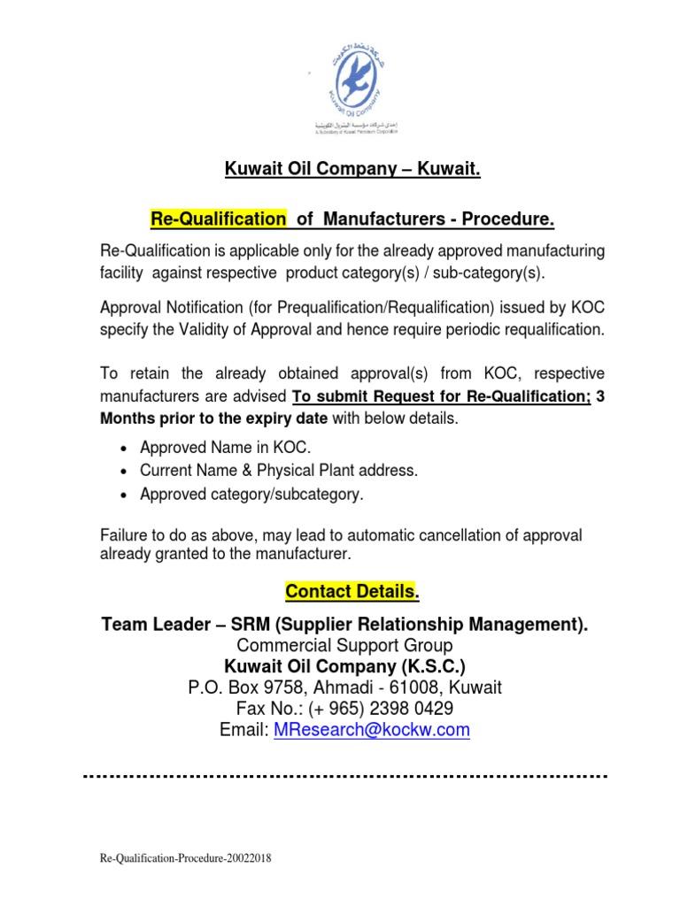 6 - Re-Qualification of MANUFACTURERs - Procedure - 200218 | PDF