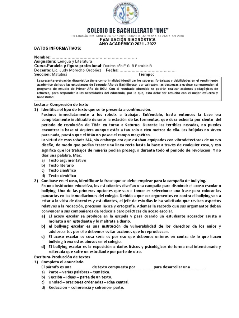Evaluación Diagnóstica 2021 - 2022 DECIMO EGB. B | PDF | Comunicación | Escuelas