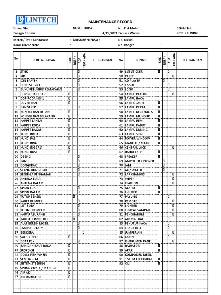 Form - Ceklist - Kendaraan | PDF