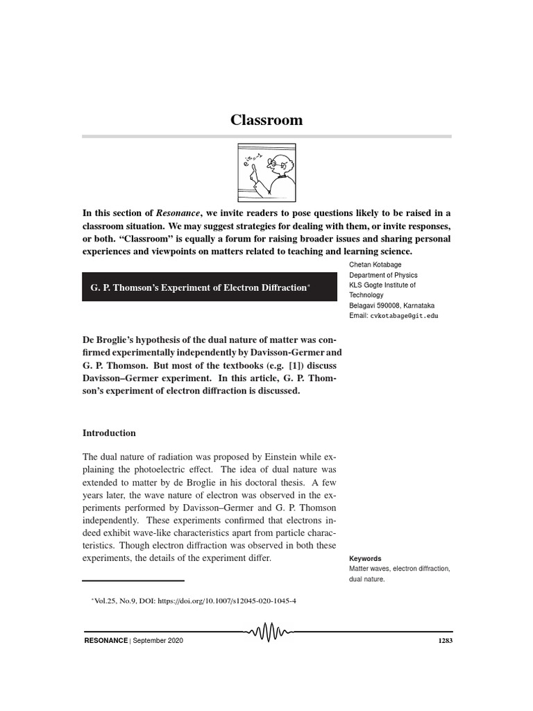 Classroom: G. P. Thomson's Experiment of Electron Di Ffraction | PDF ...