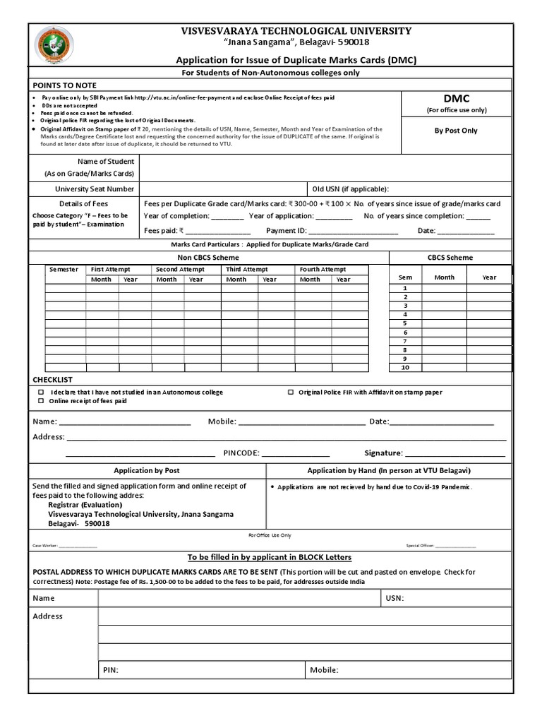 Visvesvaraya Technological University Application For Issue of ...