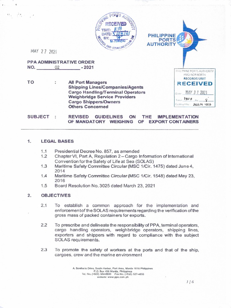 Philippine Ports Authority Administrative Order No. 02-2021 | PDF