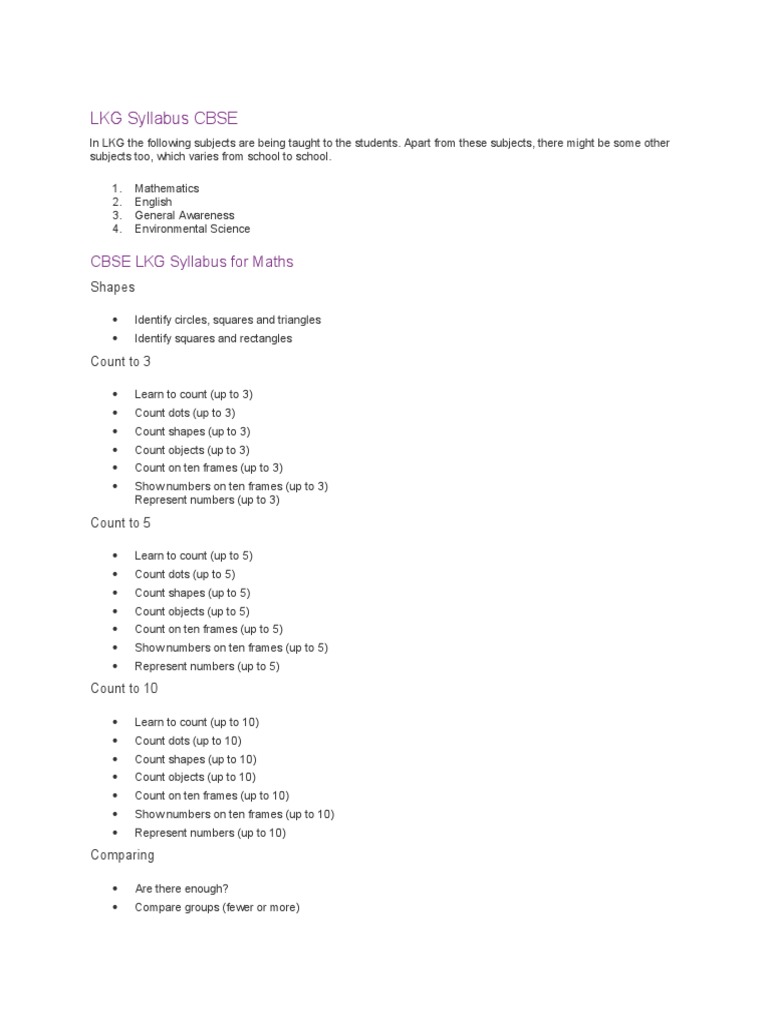 CBSE LKG Syllabus For Maths | PDF | Shape | Vowel