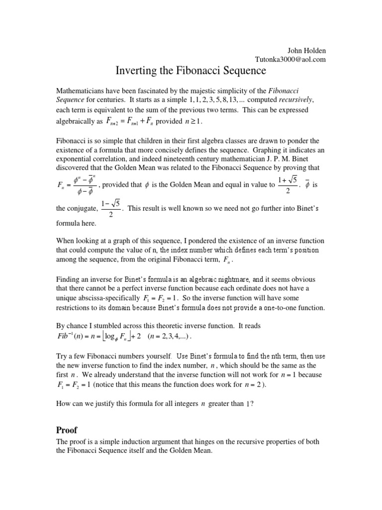 Inverting The Fibonacci Sequence: Sequence For Centuries. It Starts As A Simple | PDF | Sequence ...