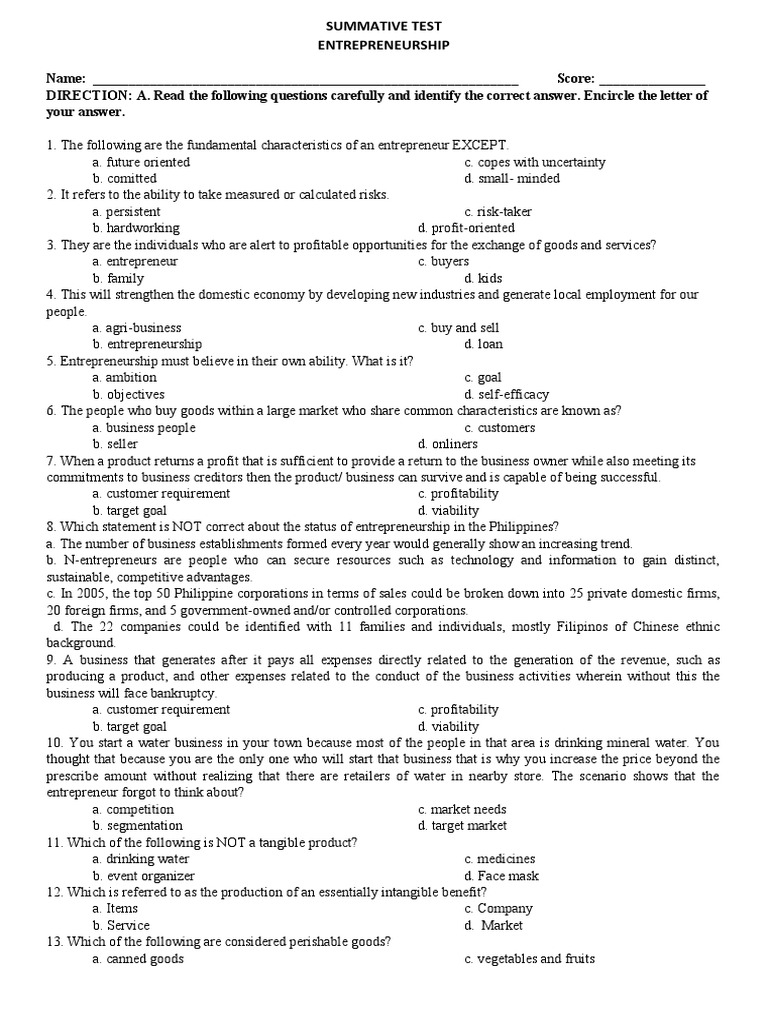Entrep Summative Test'20-'21 | PDF | Entrepreneurship | Profit (Economics)