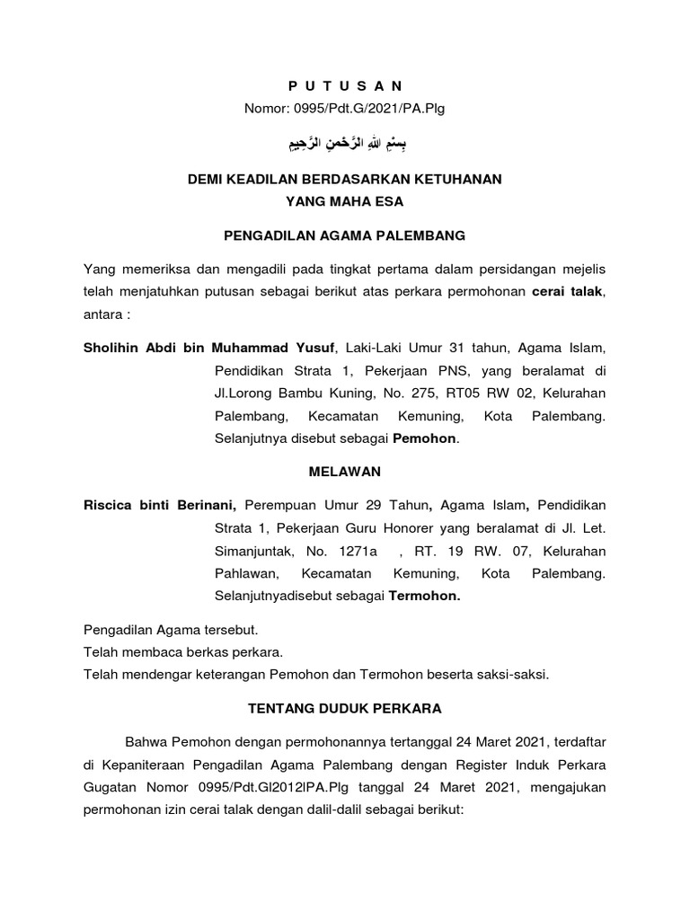 Contoh PUTUSAN Pengadilan Agama | PDF