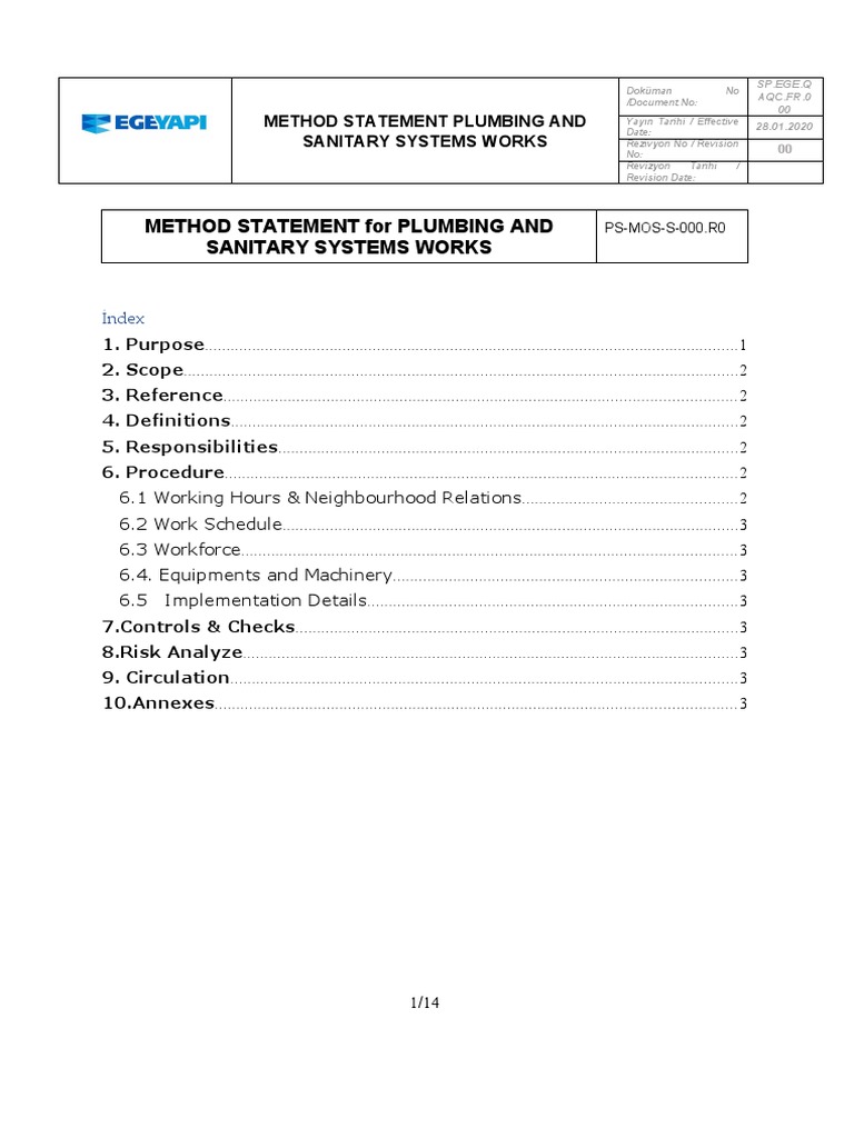 Method Statement For Plumbing and Sanitary Systems Works: İndex | PDF ...