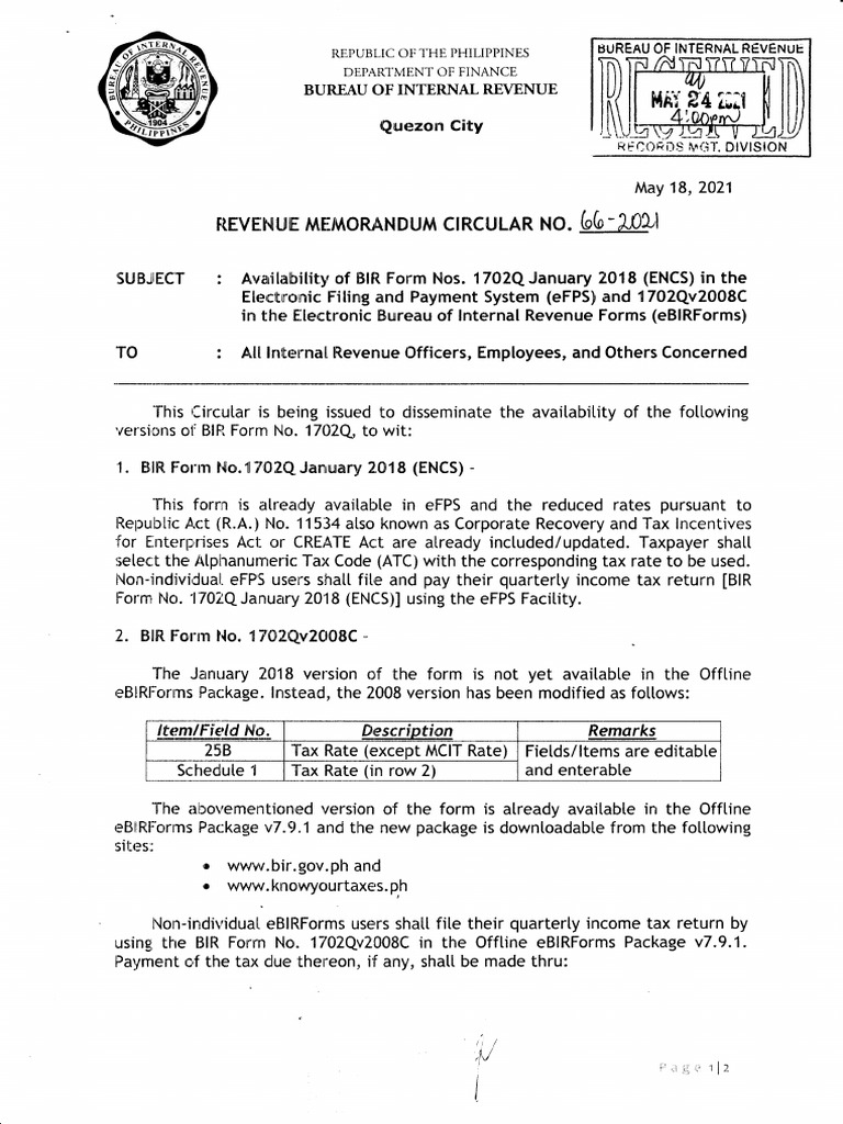 RMC 66-2021 Announces The Availability of BIR Form Nos. 1702Q January ...
