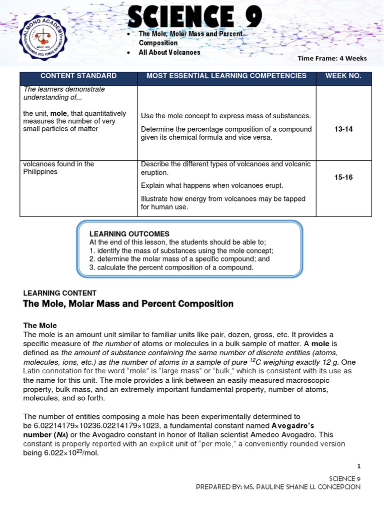 The Mole, Molar Mass and Percent Composition | PDF | Mole (Unit ...