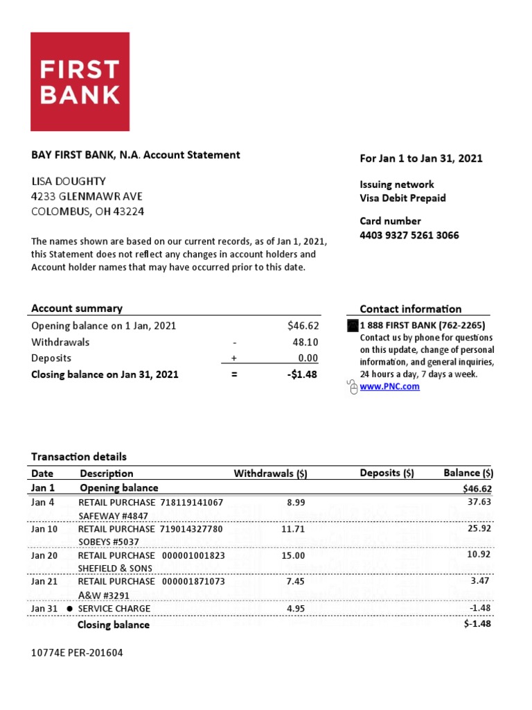 Bay First Bank, N.A Account Statement For Jan 1 To Jan 31, 2021 | PDF
