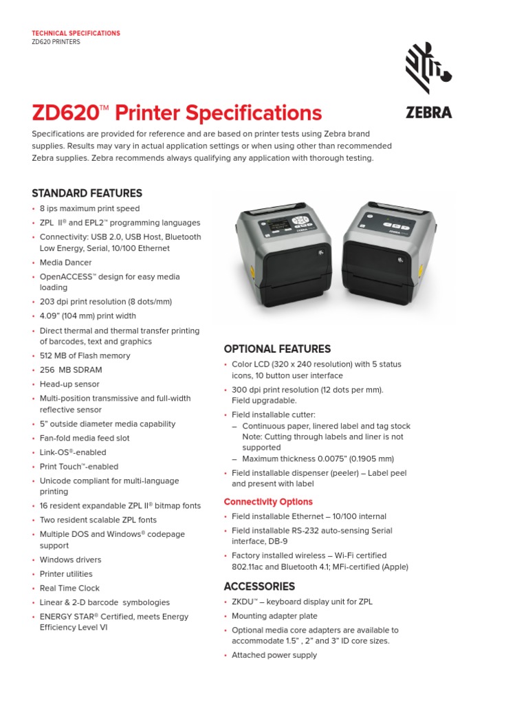 ZD620™ Printer Specifications: Standard Features | PDF | Universal Product Code | Printer ...