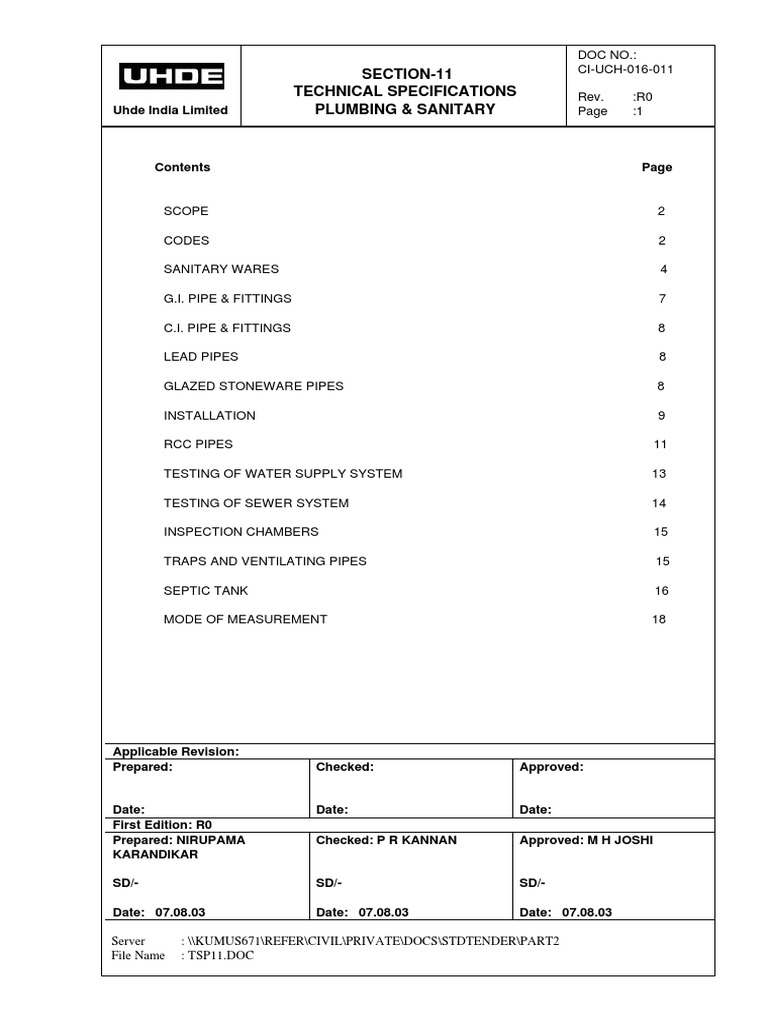 UHDE Specs - Section 11 - Plumbing Sanitary | PDF | Pipe (Fluid ...