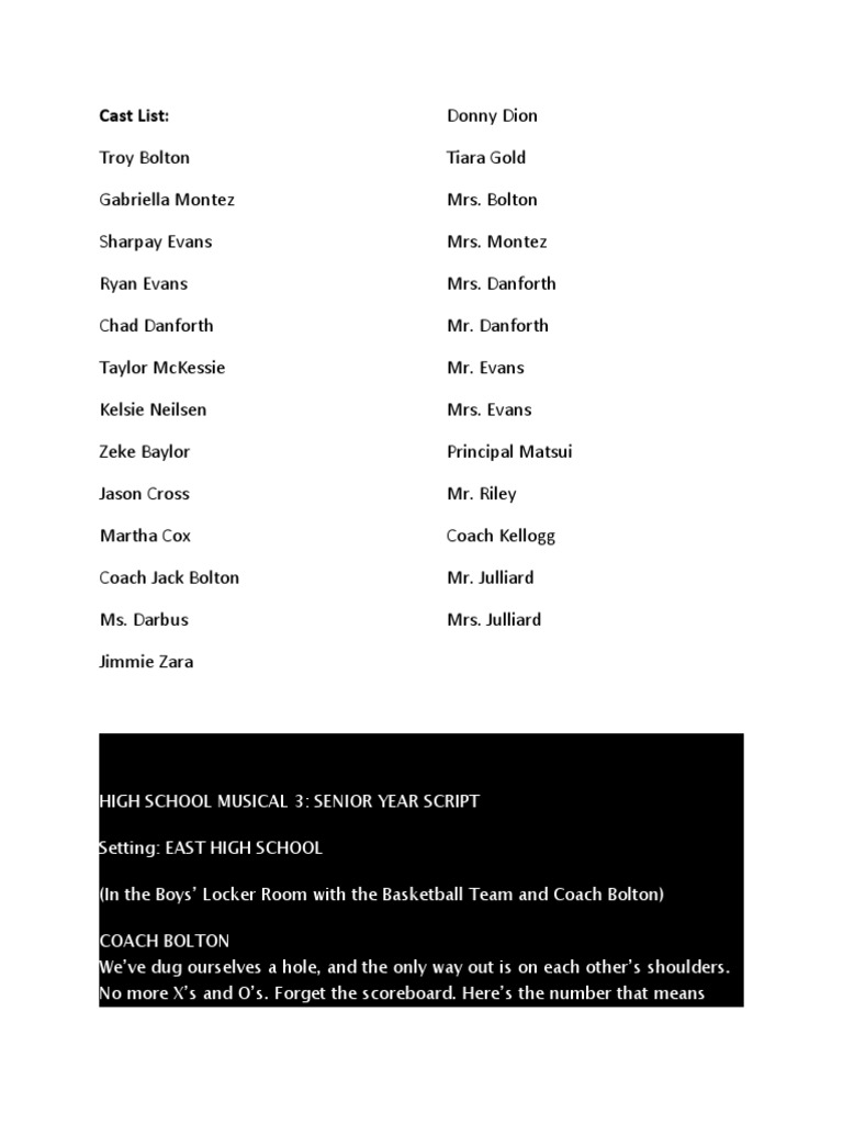 Cast List and SCRIPT for High School Musical 3- 2011