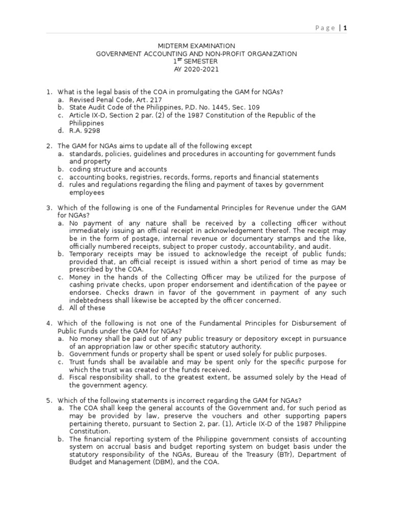 Midterm Exam Government Accounting and Npo Dfcamclp Ay 2020 2021 For ...