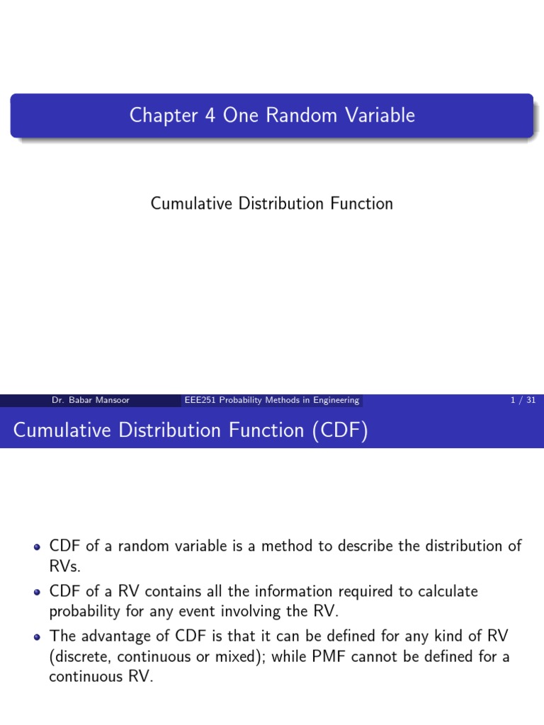 Chapter 4 One Random Variable: Cumulative Distribution Function | PDF | Probability Distribution ...