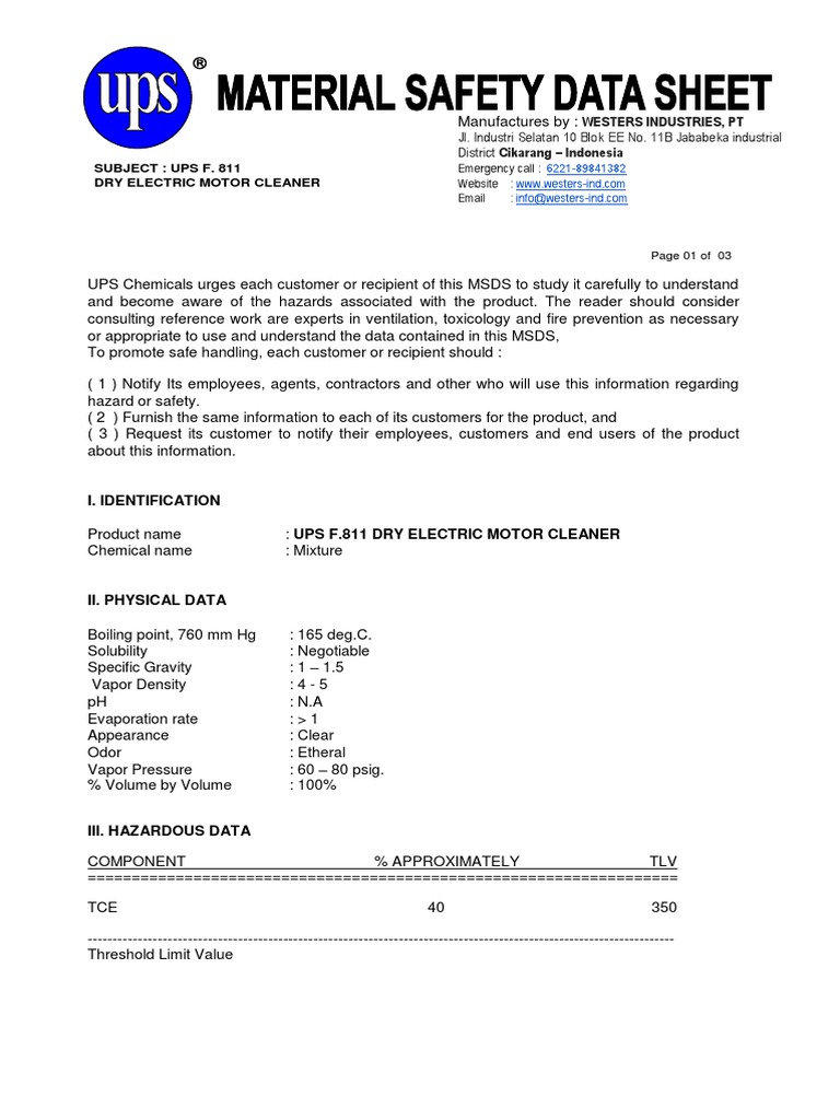 MSDS - UPS F811 (Dry Electric Motor Cleaner) | PDF | Toxicity | Water