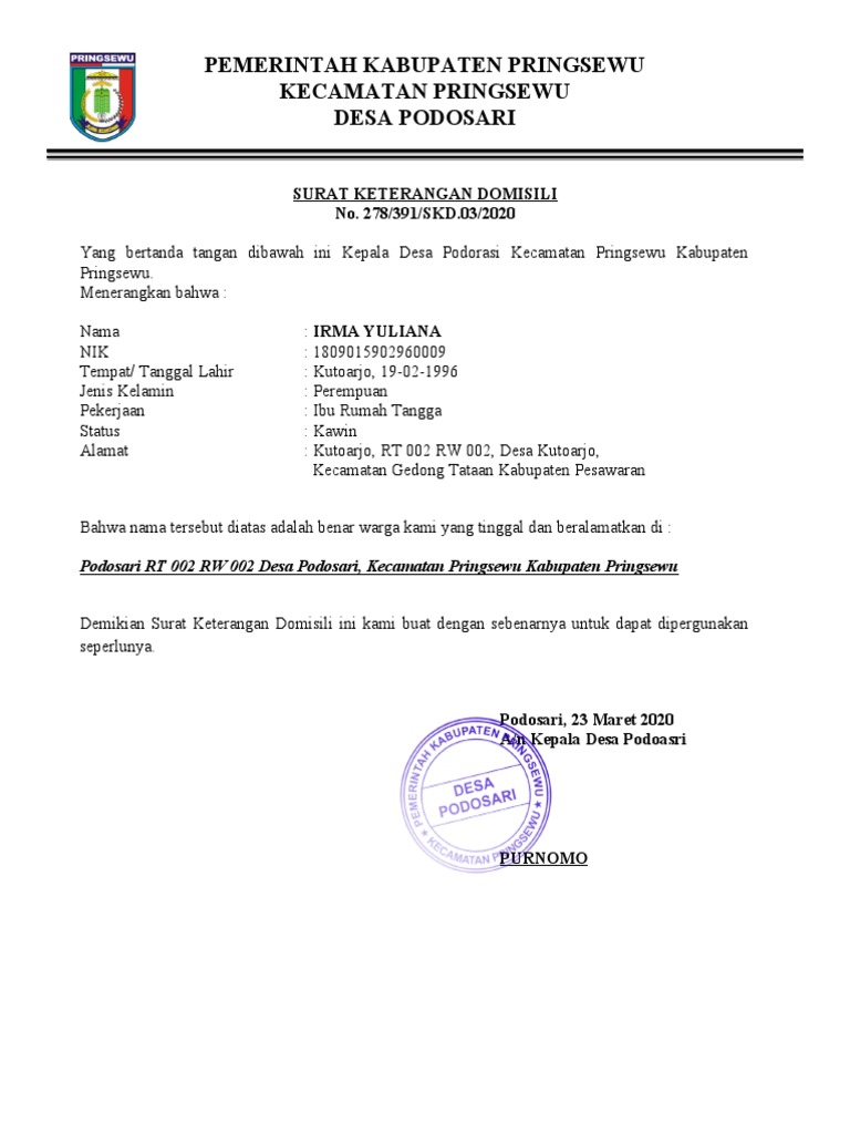 Contoh Surat Keterangan Domisili | PDF