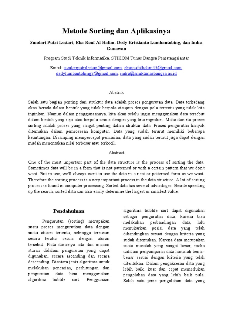 Jurnal Struktur Data Metode Sorting Dan Aplikasinya | PDF