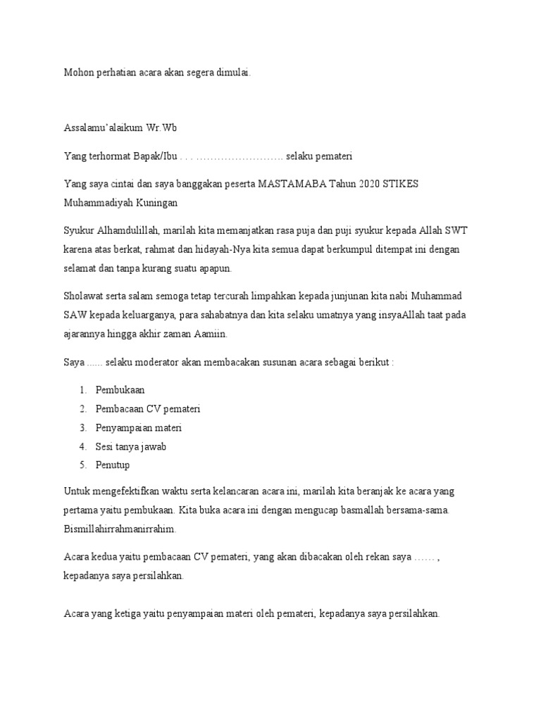 Teks MC Pemateri Offline Salinan | PDF