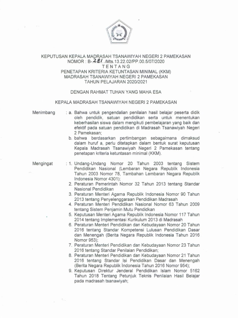 Surat Keterangan Penetapan KKM 20-21 | PDF